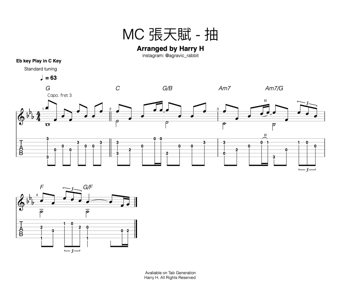 MC 張天賦 - 抽 | 結他指彈樂譜 | Fingerstyle Guitar TAB – TAB Generation